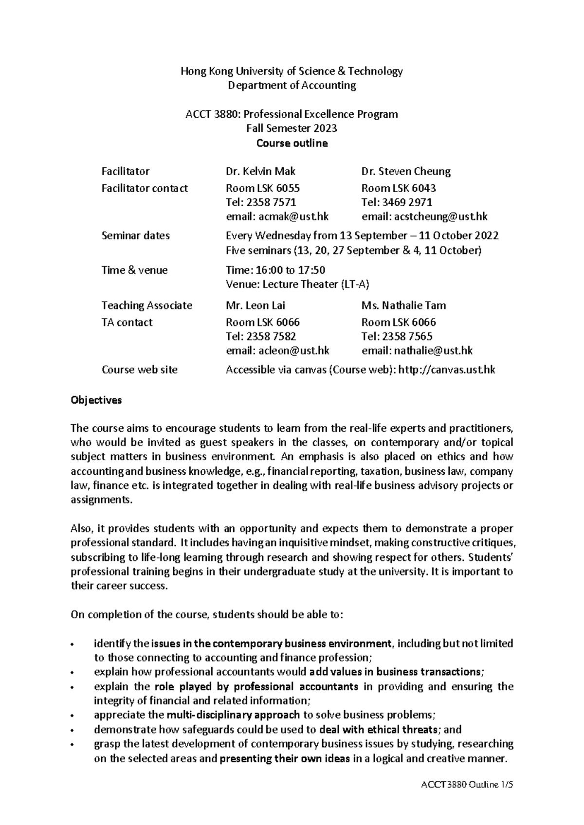 ACCT3880 Fall 2023 Professional Excellence Program Course Outline - Studocu