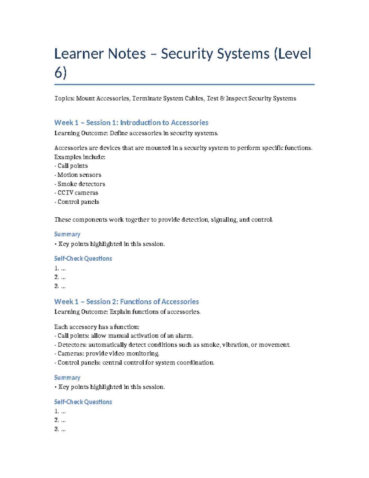 Learner Notes Level 6 Security Systems: Key Topics Overview - Studocu