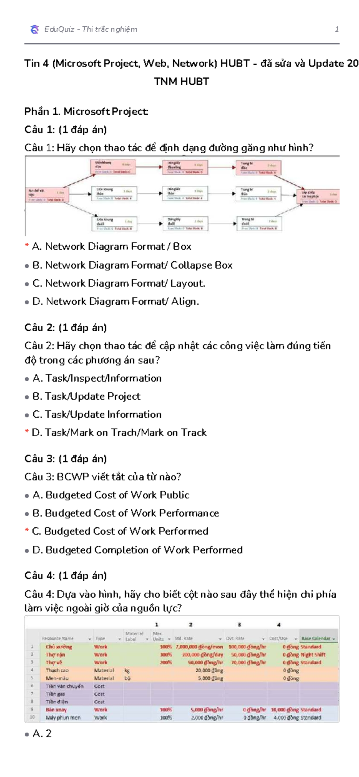 EduQuiz Thi trắc nghiệm 1 - Tin 4 (Microsoft Project, Web, Network ...