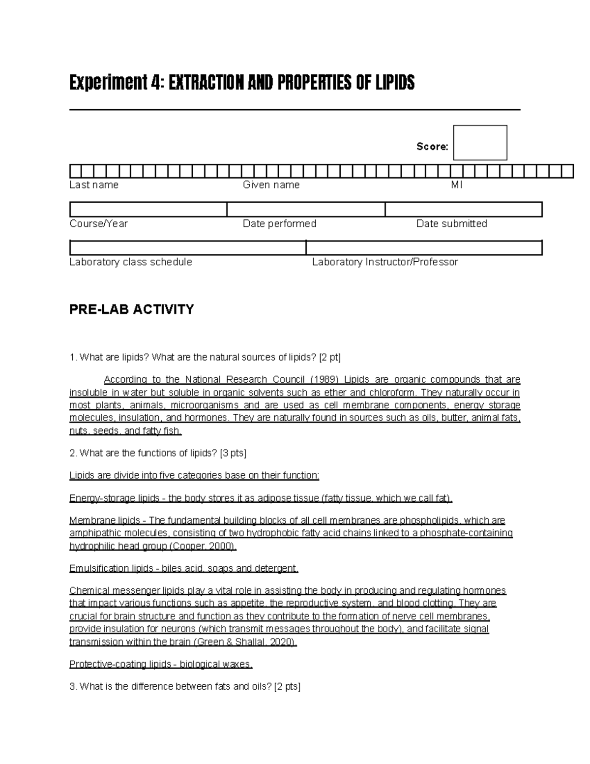 Experiment 4: Lipids - Pre-Lab Preparation and Key Concepts - Studocu