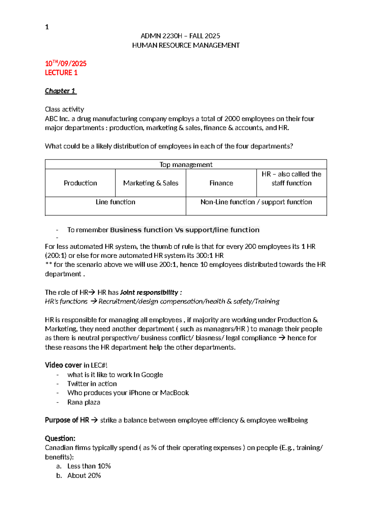 ADMN 2230H FALL 2025 HUMAN RESOURCE MANAGEMENT LECTURE NOTES - Studocu
