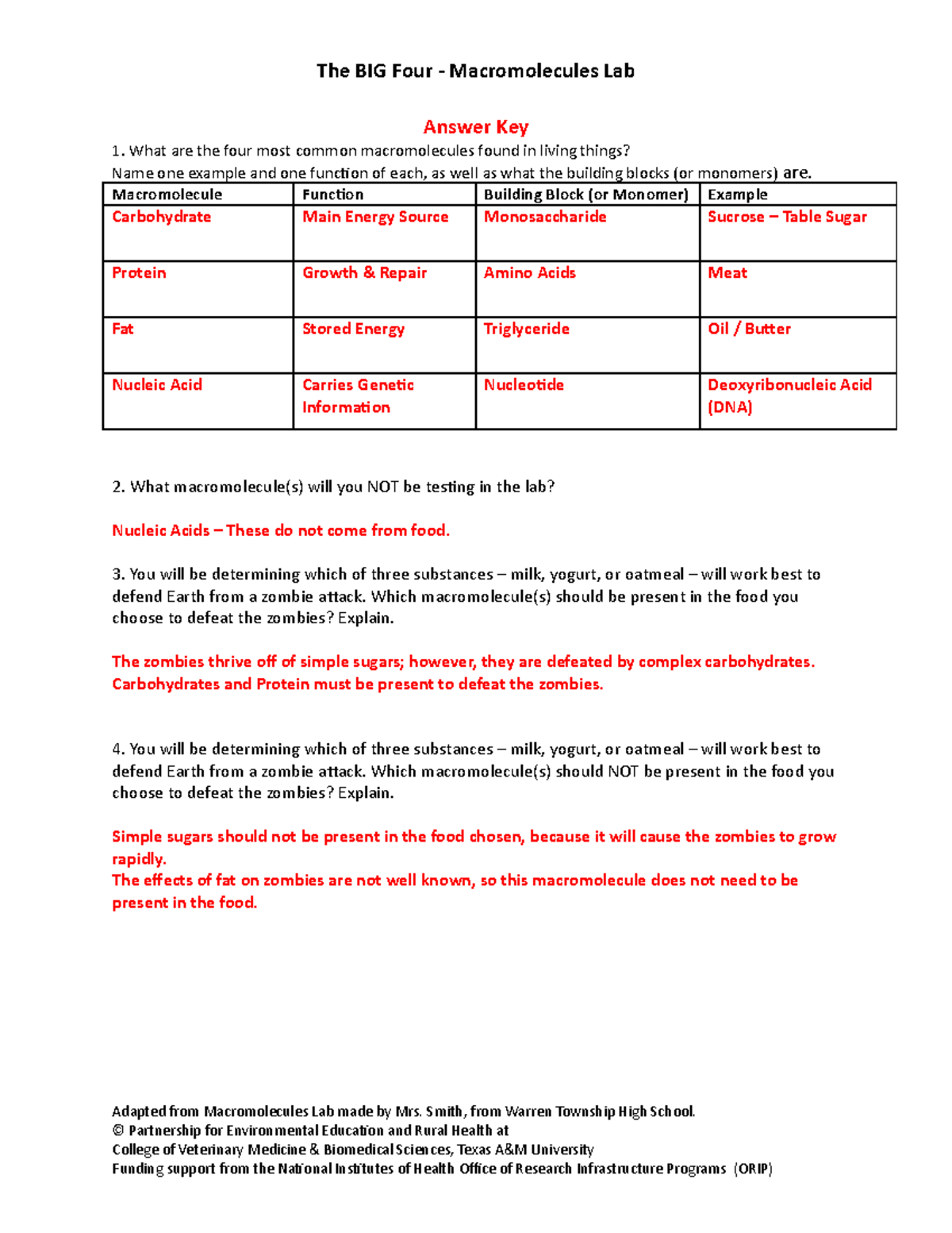 Macromol Lab Worksheet KEY - The BIG Four Guide to Zombie Defense - Studocu