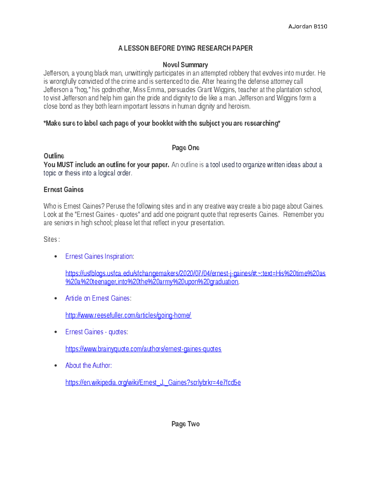 A.Jordan B110 A LESSON BEFORE DYING Research Paper Outline & Analysis ...