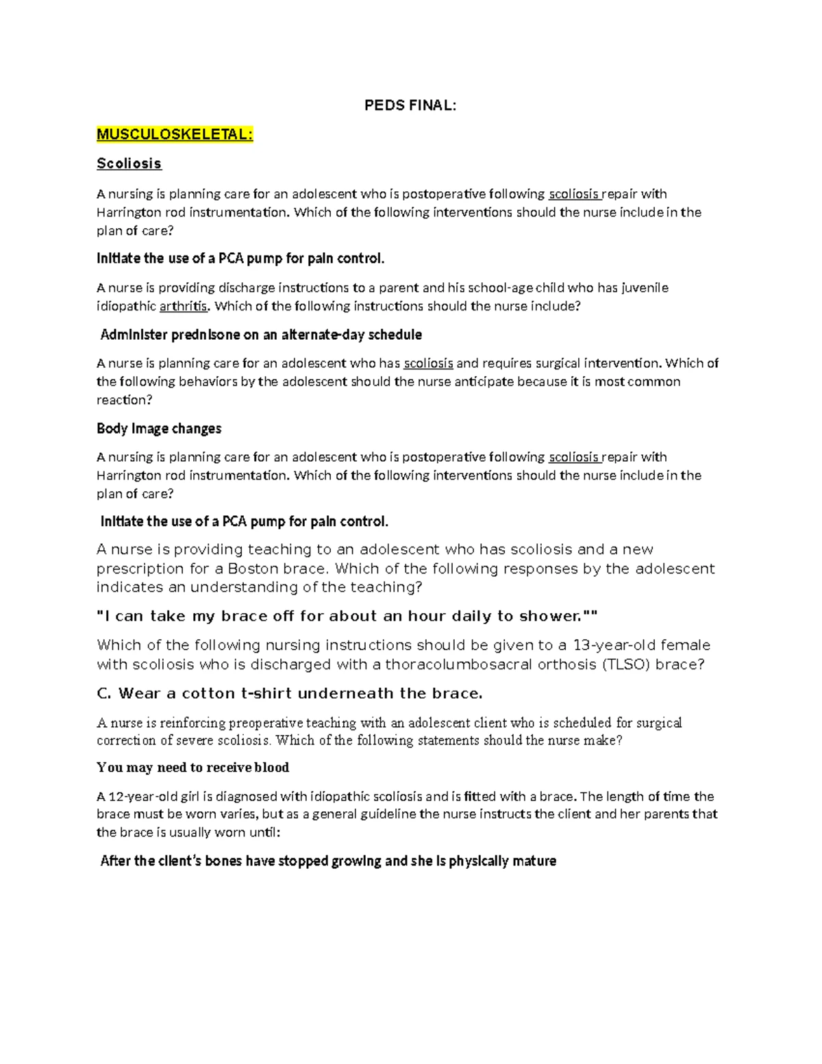 C32 Final Exam - Pediatric Musculoskeletal and Endocrine Disorders ...