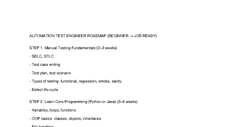 AUTOMATION TEST ENGINEER ROADMAP: BEGINNER TO JOB READY - Studocu
