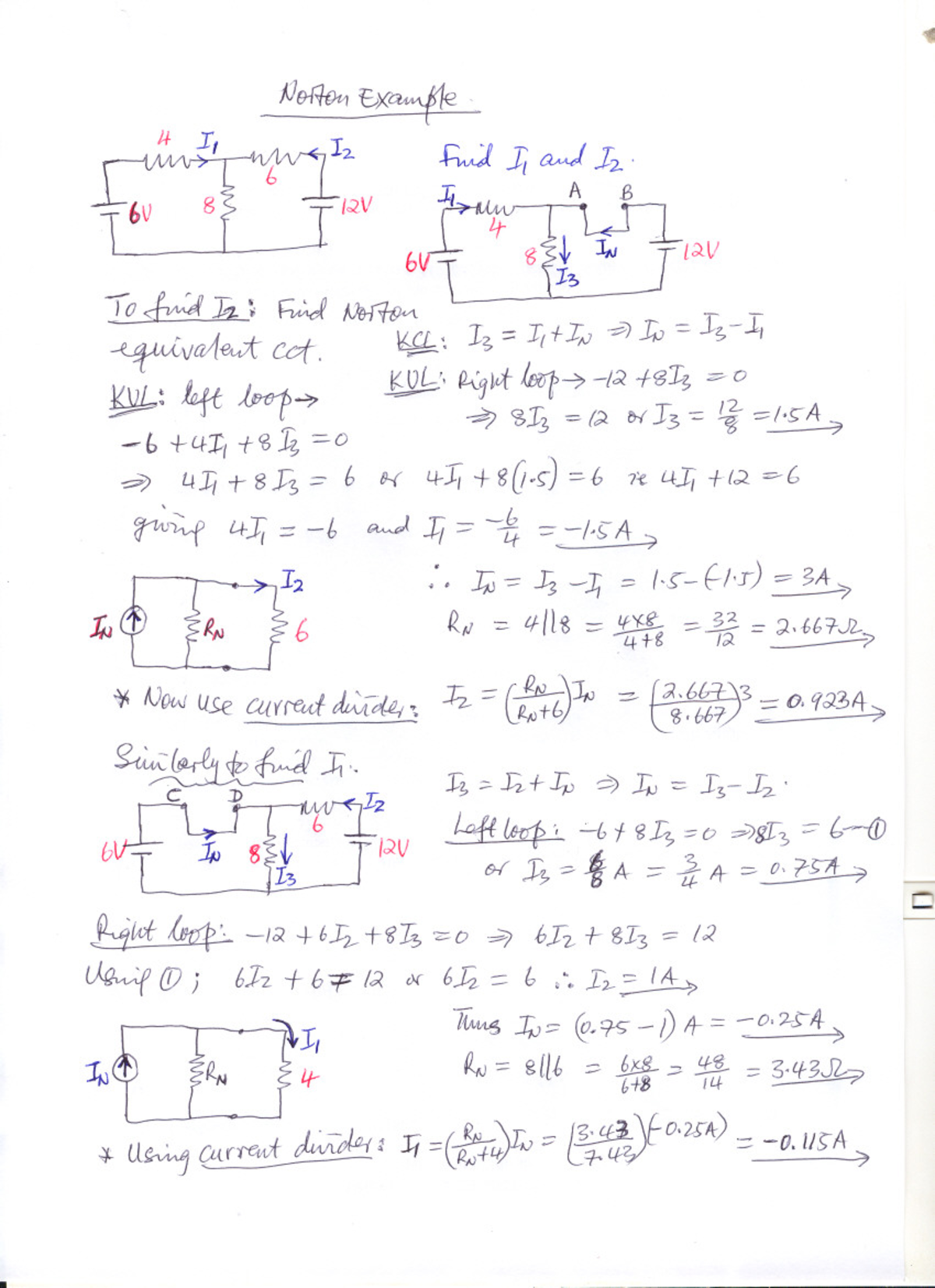Norton equivalent circuit analysis for I1, I2, and I3 in example 4 ...