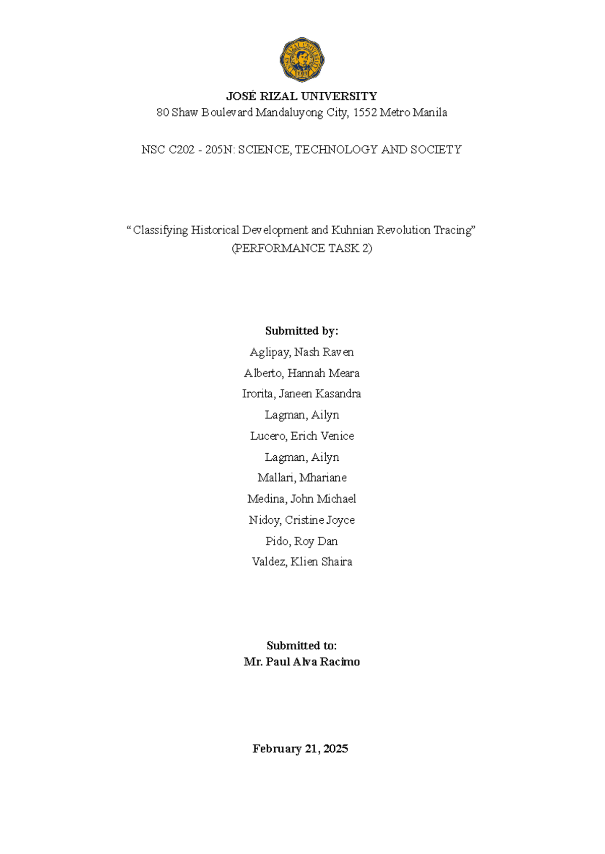 Performance Task 2: Historical Development & Kuhnian Revolution in STS ...