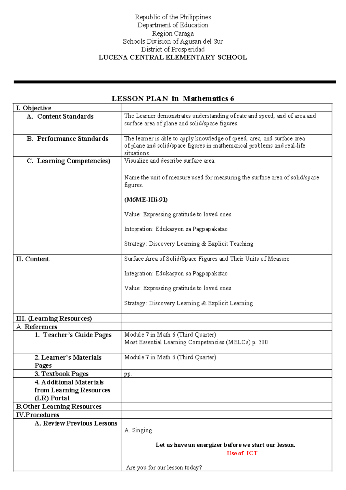 MATH 6 - Lesson Plan on Surface Area of Solid Figures - Studocu