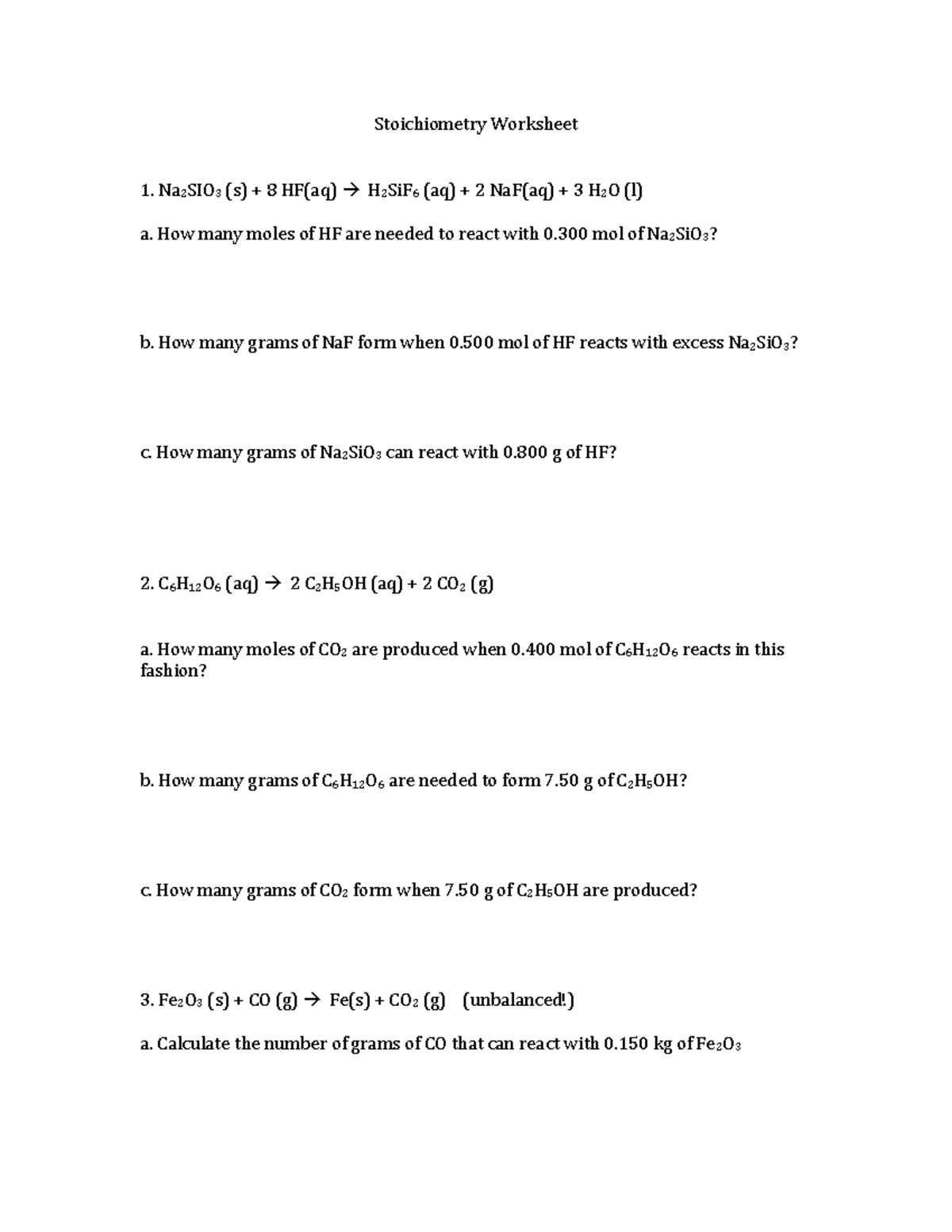 Stoichiometry Worksheet 1: Practice Problems and Solutions - Studocu