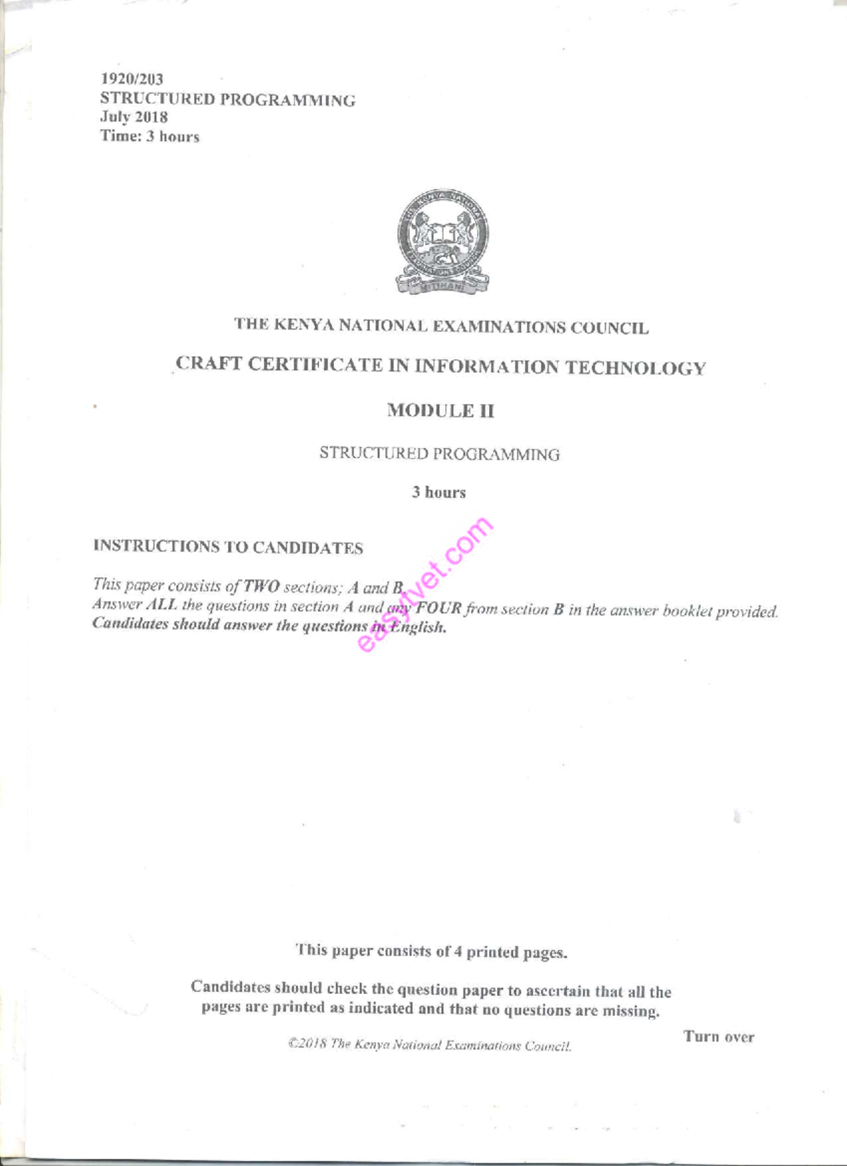 Structured Programming Exam Paper - July 2018 (Kenya National Exams ...