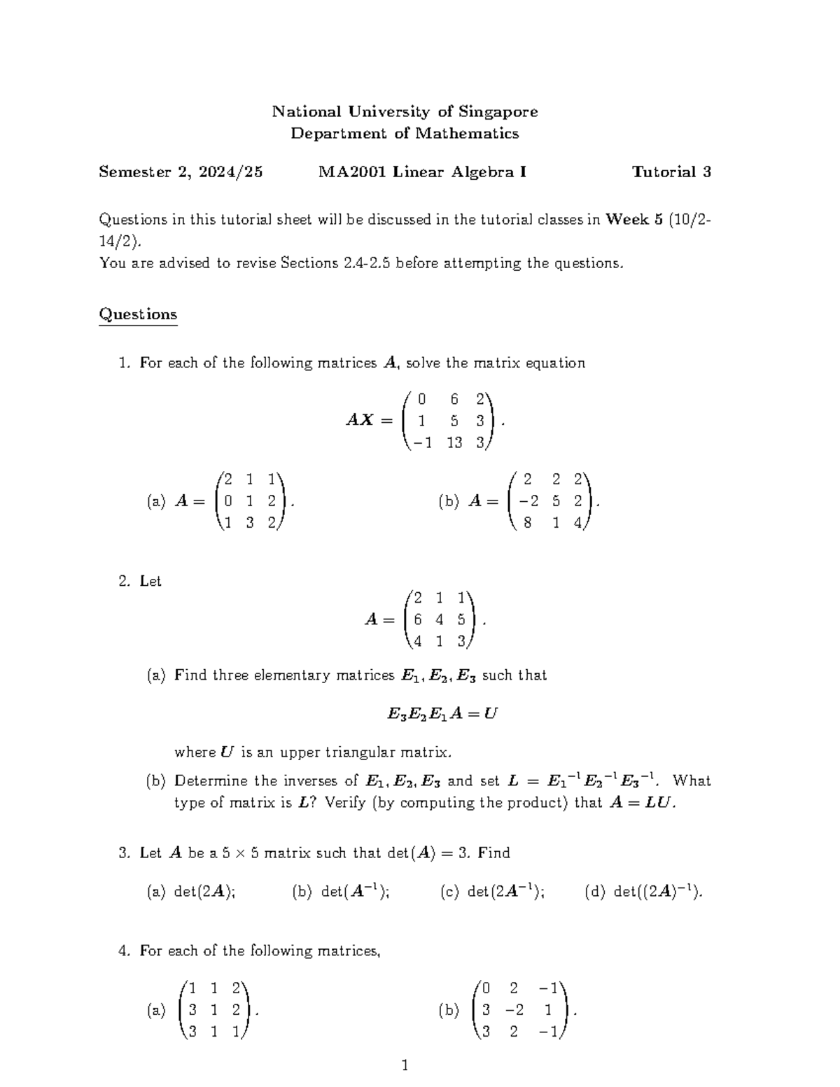 MA2001 Linear Algebra I Tutorial 3 Questions and Solutions - Studocu