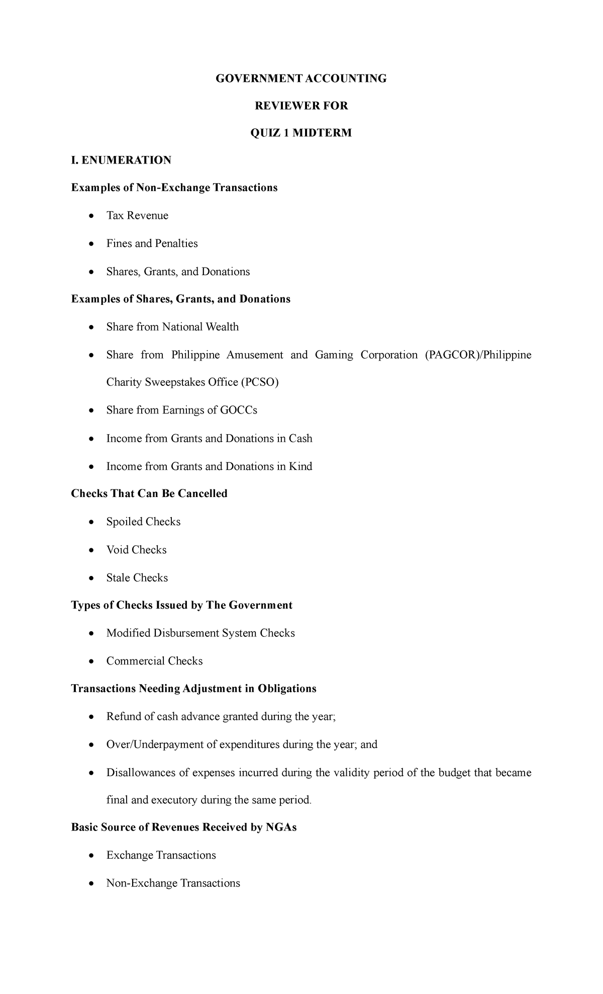 GOVT ACCT REVIEWER: QUIZ 1 MIDTERM & MIDTERM EXAM Notes - Studocu