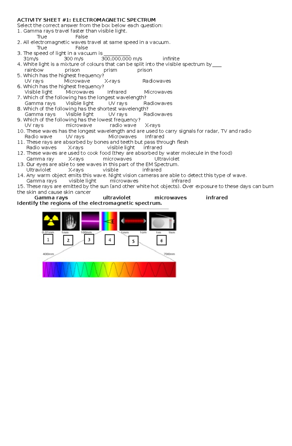 Worksheet IN EM Spectrum - ACTIVITY SHEET #1: ELECTROMAGNETIC SPECTRUM ...