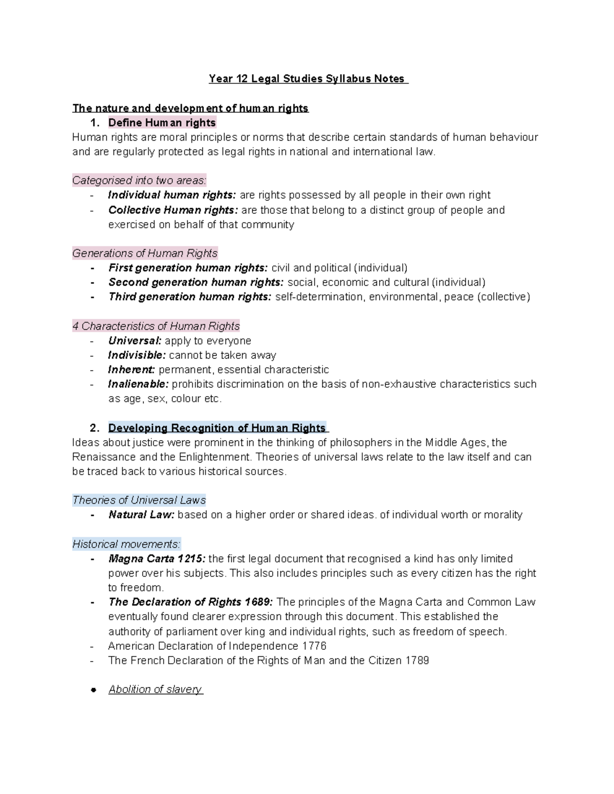 YEAR 12 Legal Studies - Comprehensive Human Rights Syllabus Notes - Studocu