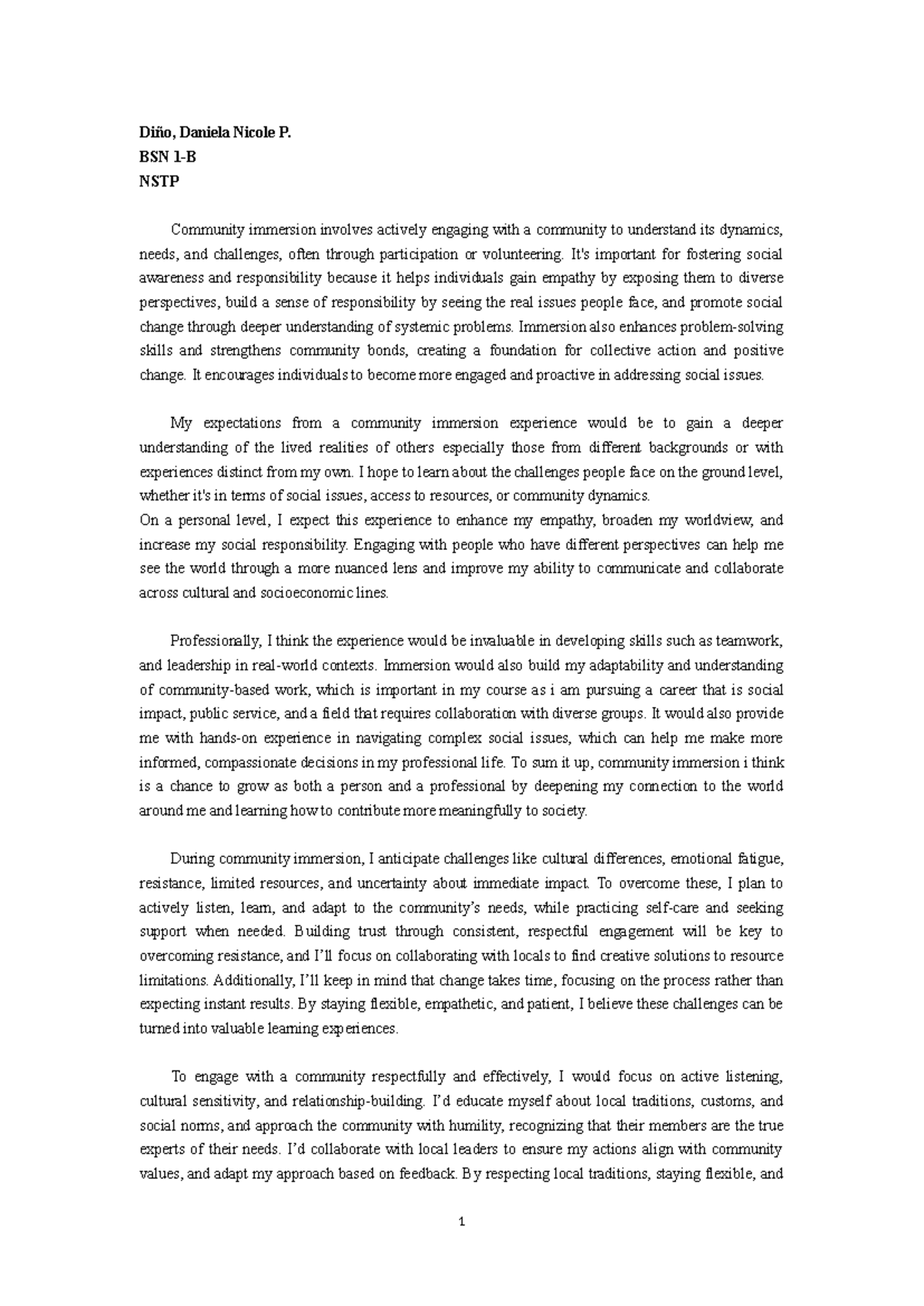 Community Immersion Insights: NSTP Reflections and Expectations - Studocu