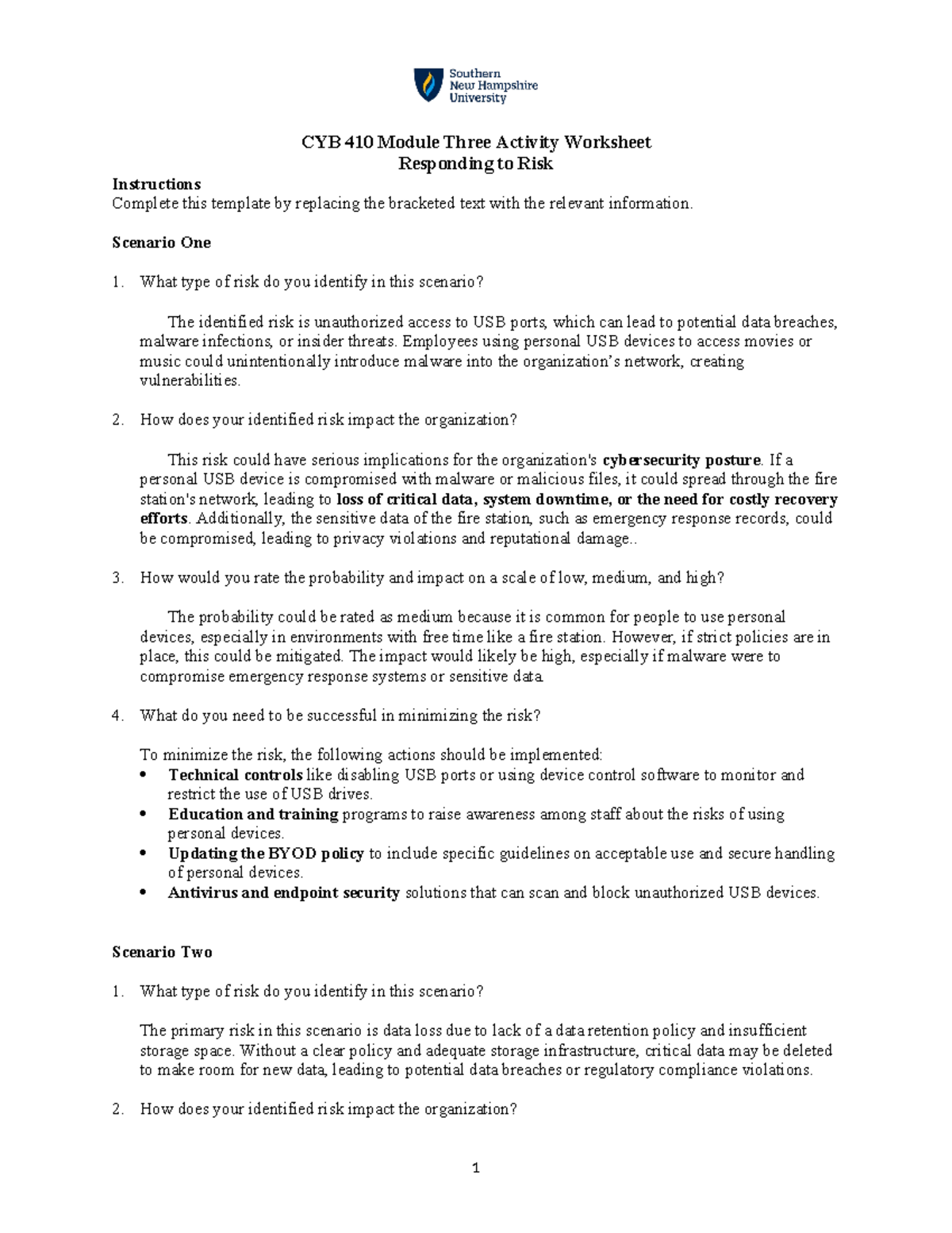 CYB 410 Module Three Risk Management Activity Worksheet - Studocu