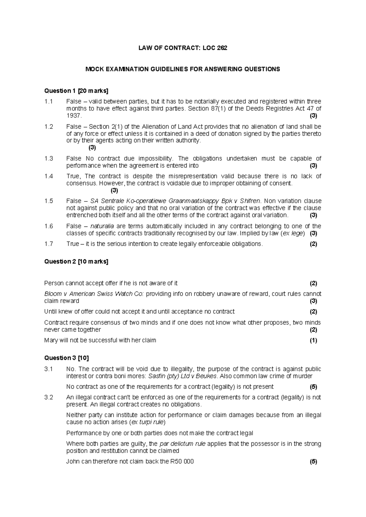 LOC 262 Law of Contract Mock Exam Answer Guidelines - Studocu