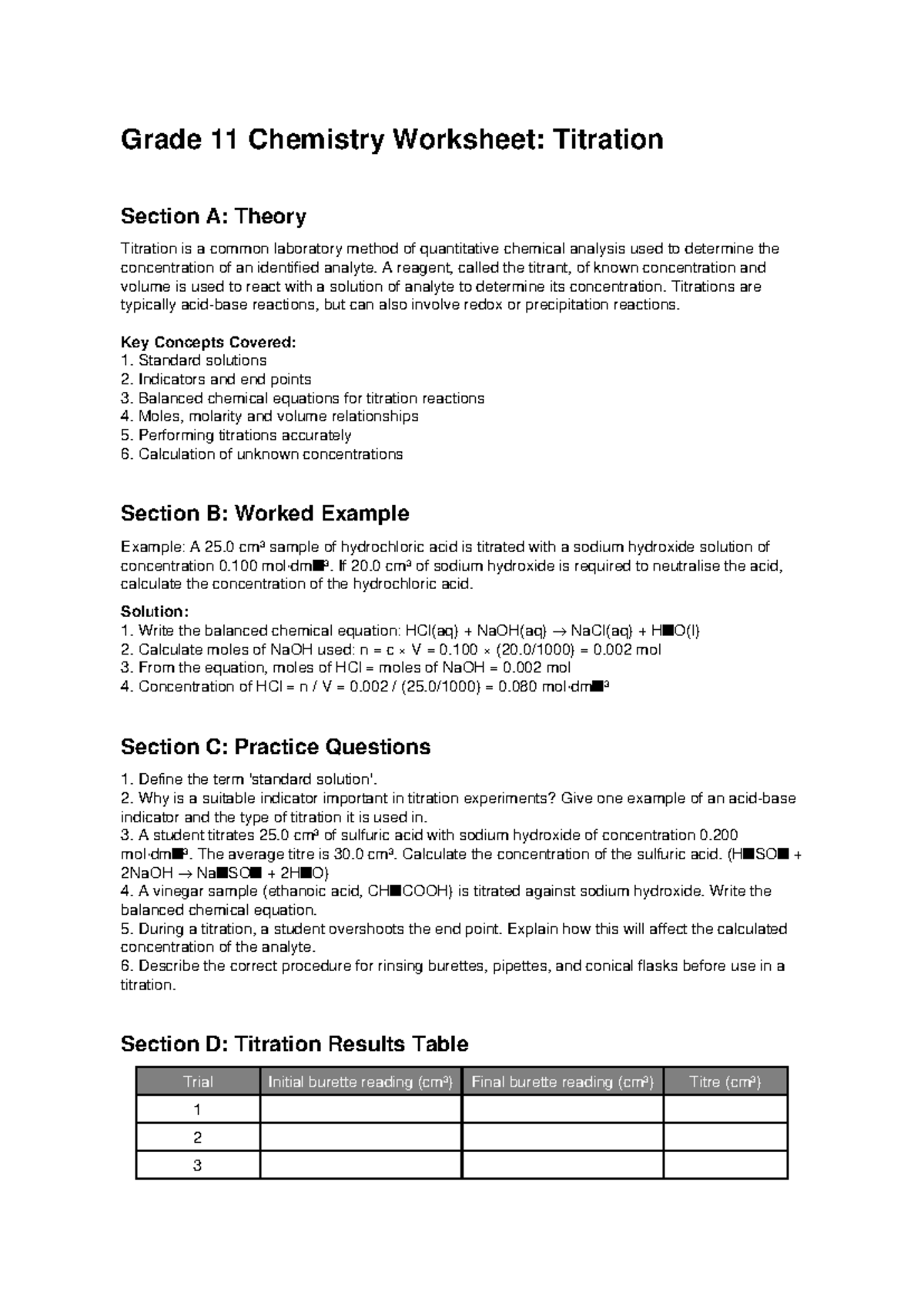Grade 11 Chemistry Worksheet: Titration Theory & Practice - Studocu