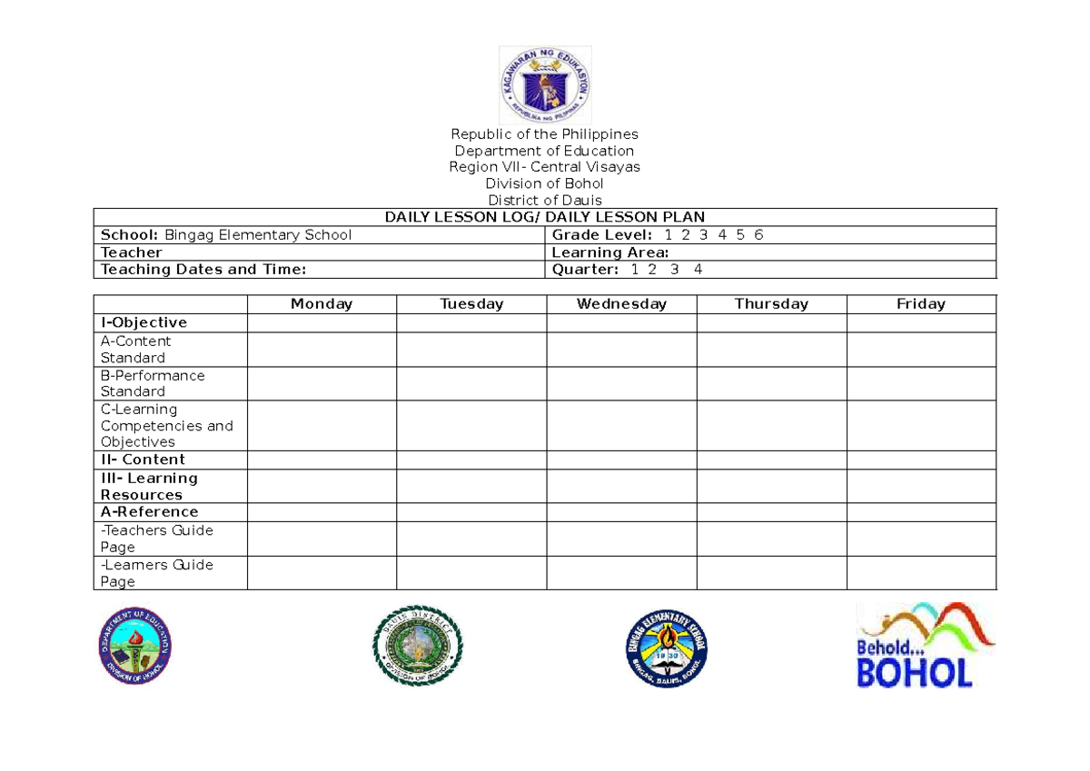 Daily Lesson Plan & Log for Grades 1-6 at Bingag Elementary School ...