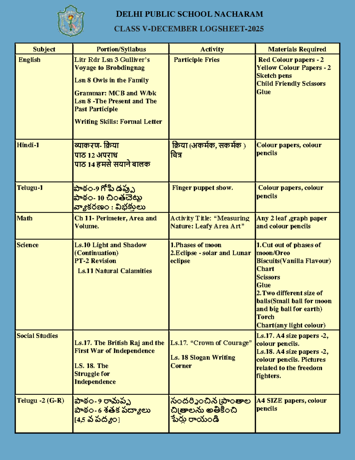 DPS Nacharam Class Activity Materials for English, Math, Science & More ...