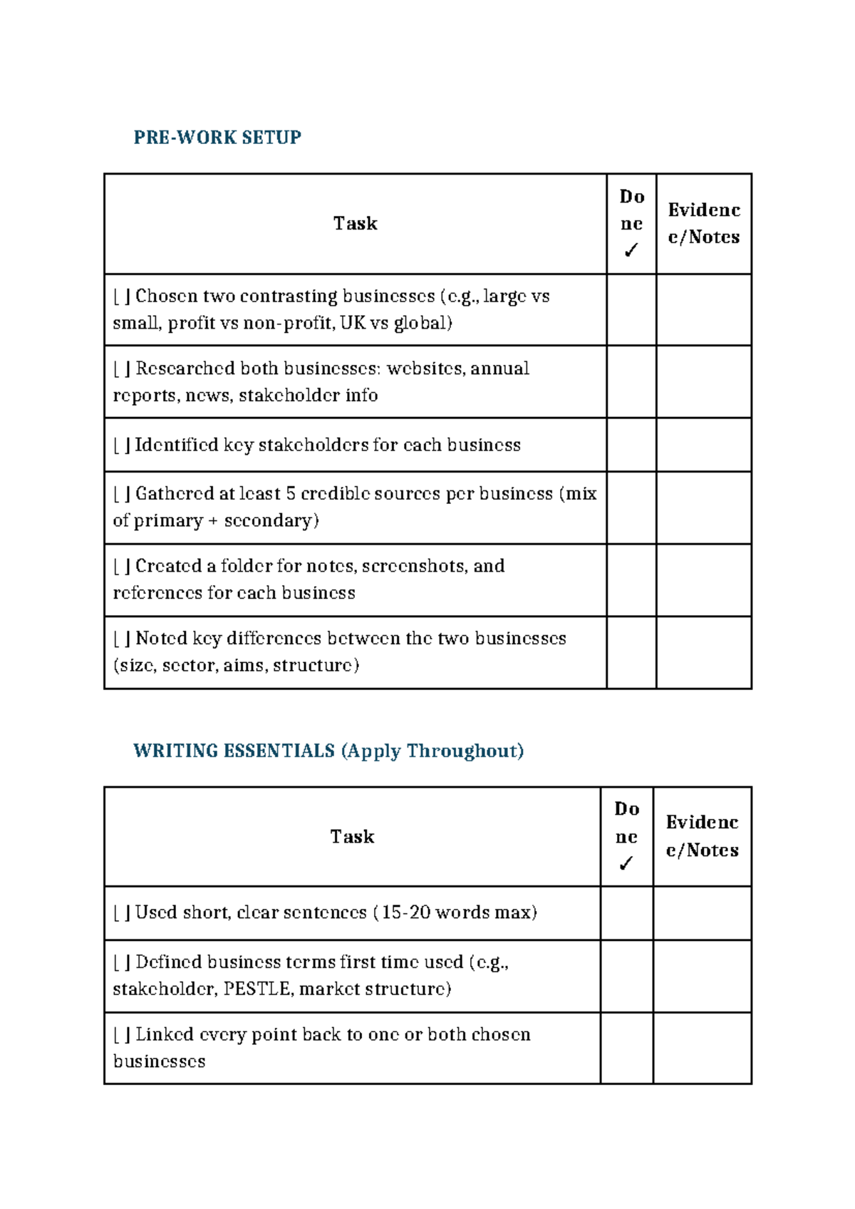 P1 Checklist for Contrasting Business Analysis - Unit 1 - Studocu