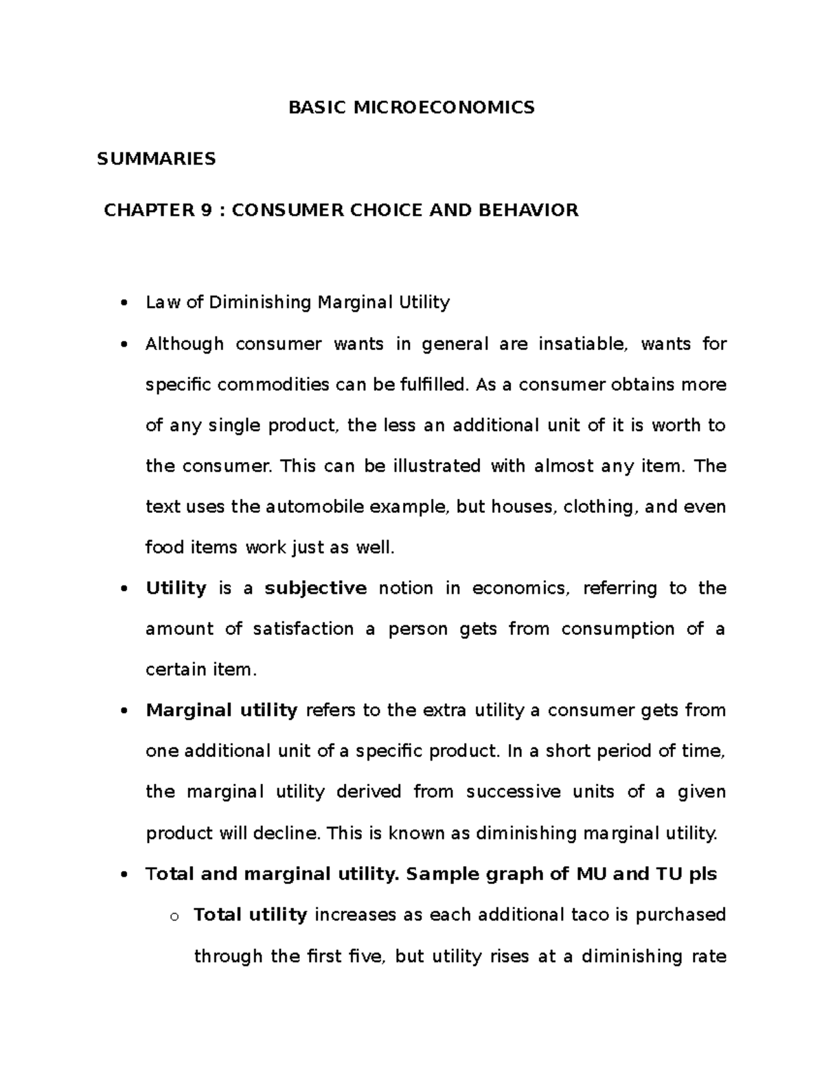 Basic Microeconomics: Chapter 9 - Consumer Choice & Behavior - Studocu