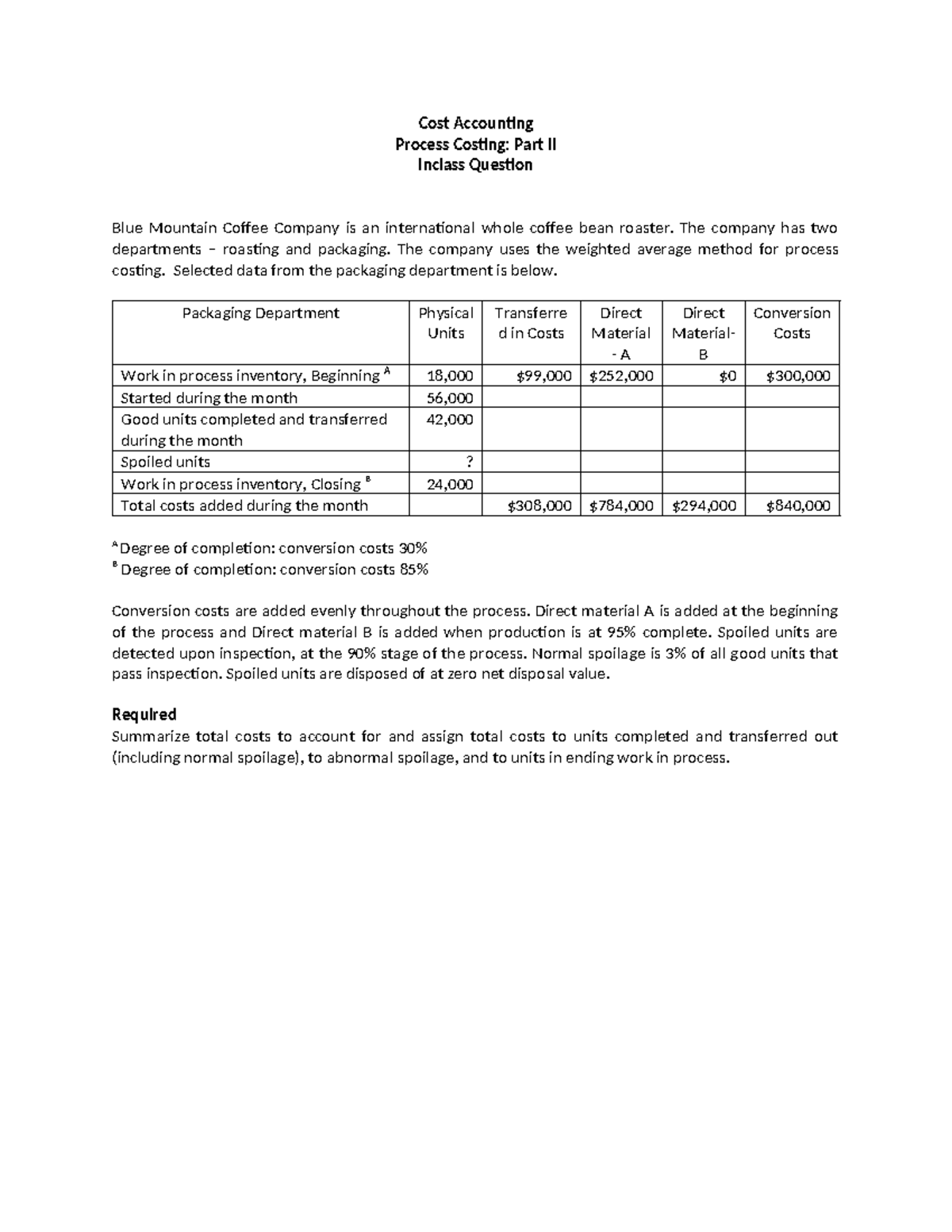 Cost Accounting Process Costing: Module 4 Part II Inclass Practice ...
