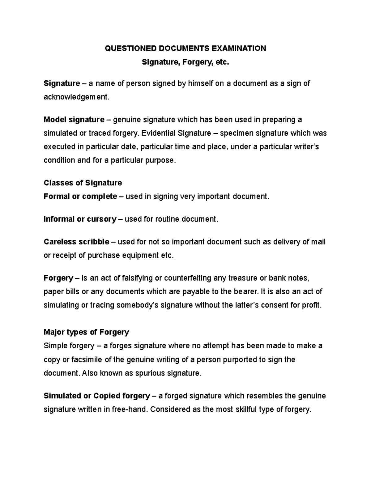 Questioned Documents Examination: Signatures & Forgery Methods - Studocu