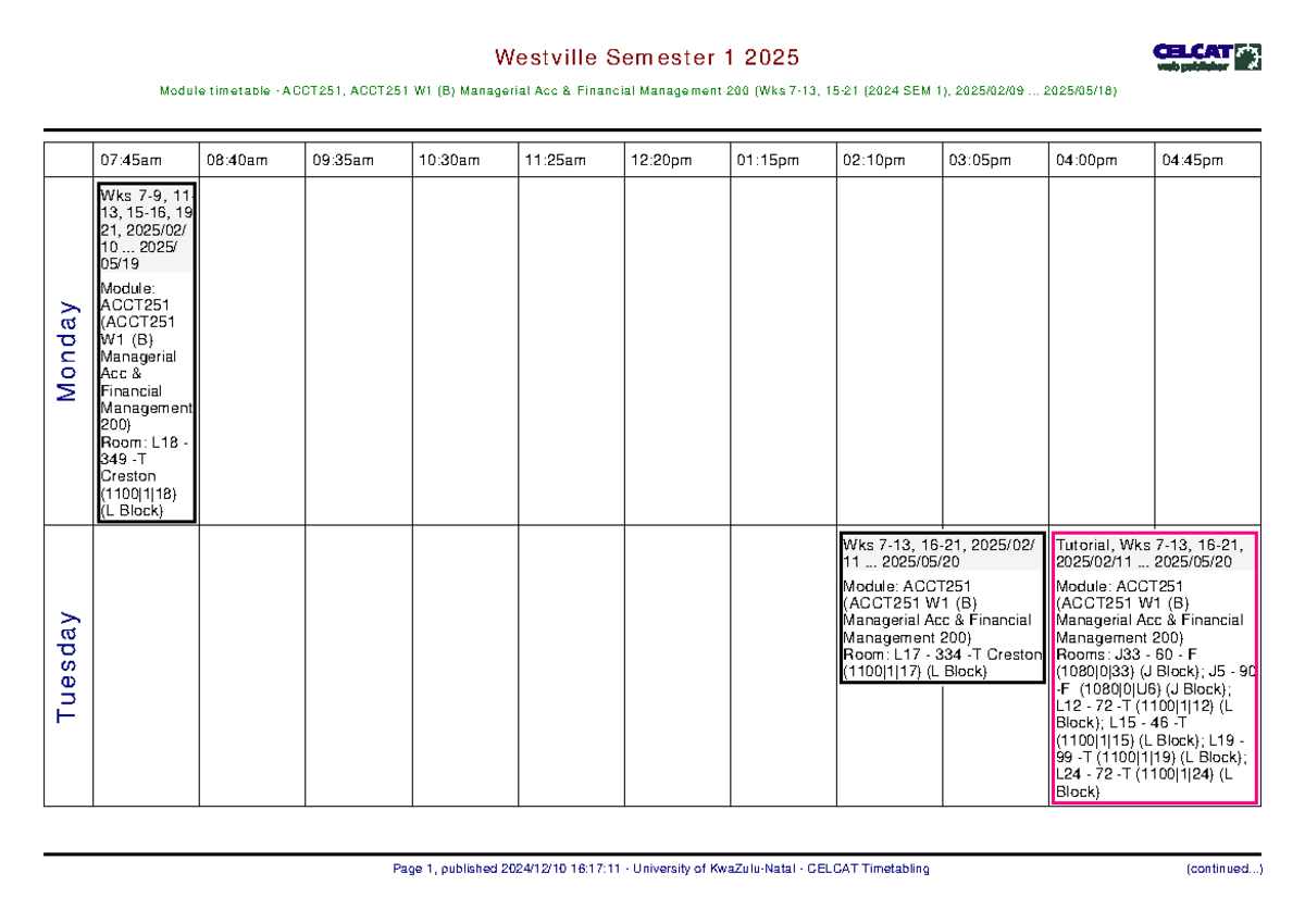 Acct 251 (B) - Managerial Accounting & Financial Management Timetable ...