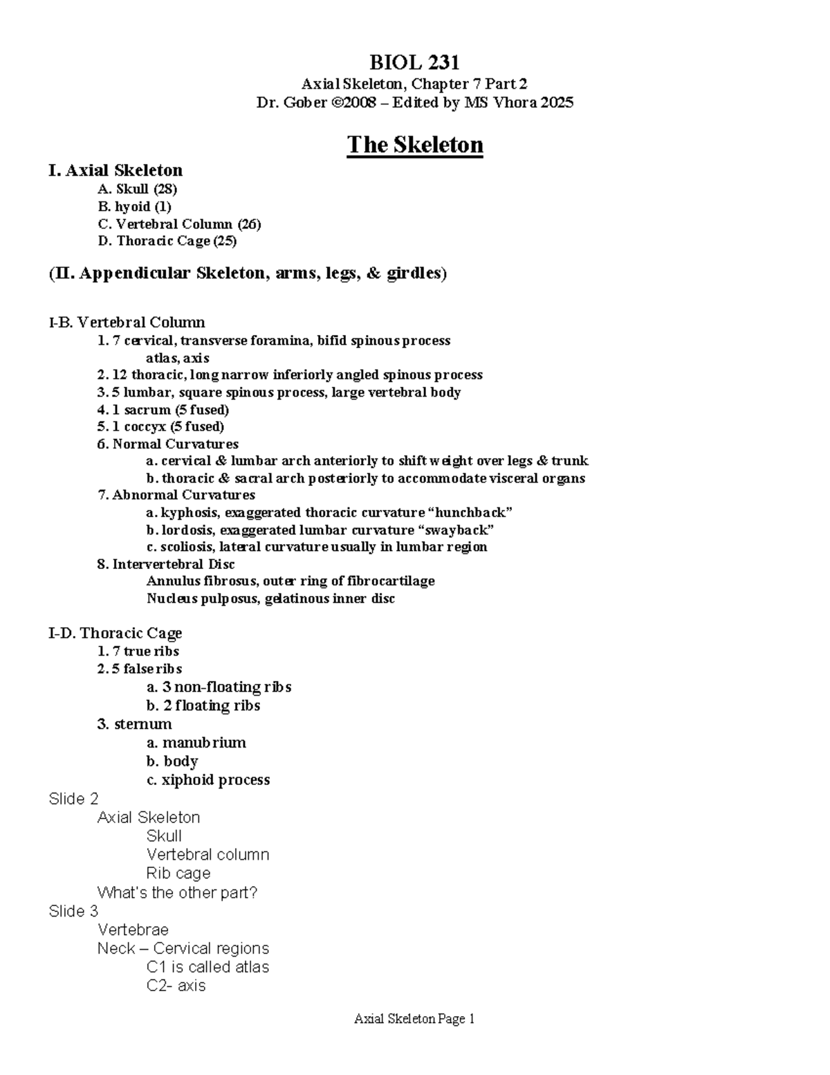 BIOL 231 Axial Skeleton Overview and Key Concepts - Lecture Notes - Studocu