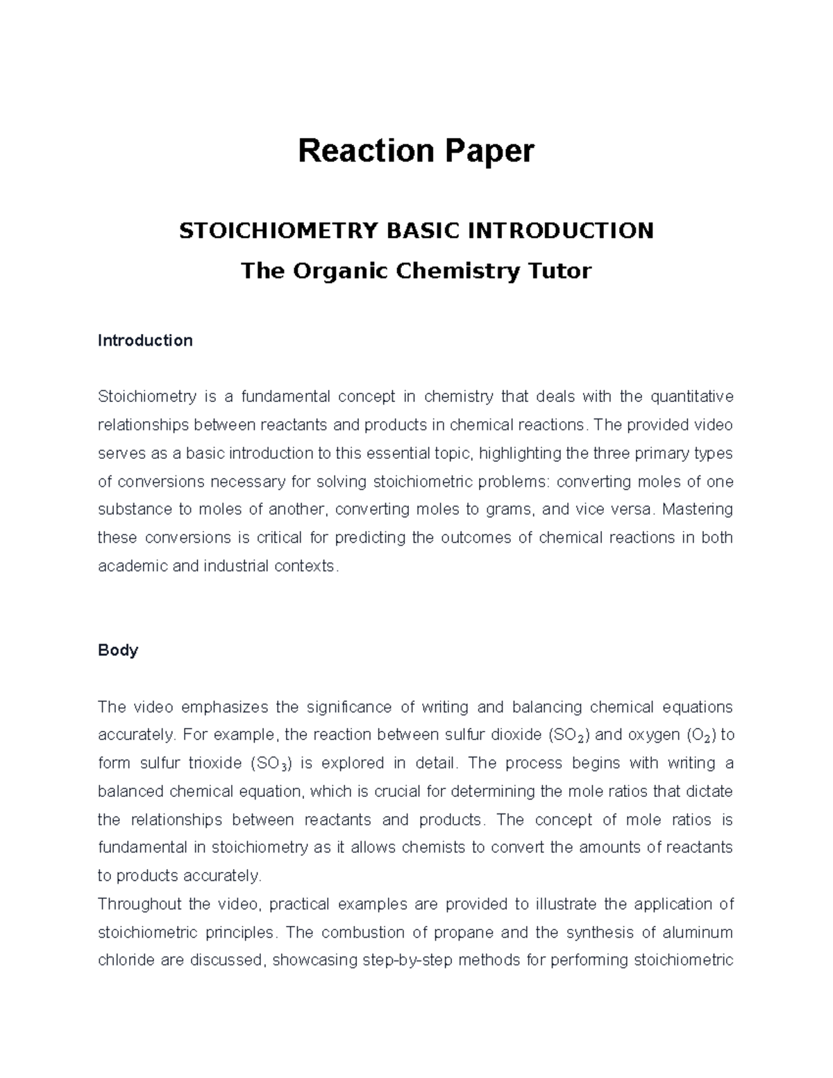 Reaction Paper - Intro to Stoichiometry Concepts and Applications - Studocu