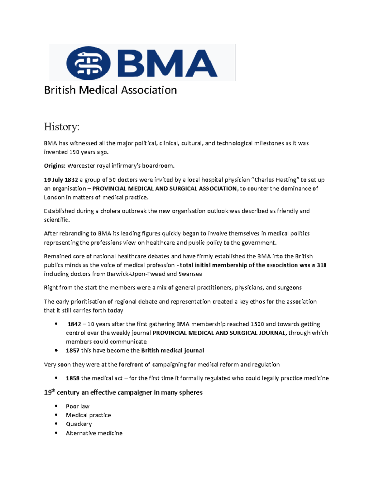 BMA Historical Overview: Key Milestones and Campaigns in Medicine - Studocu