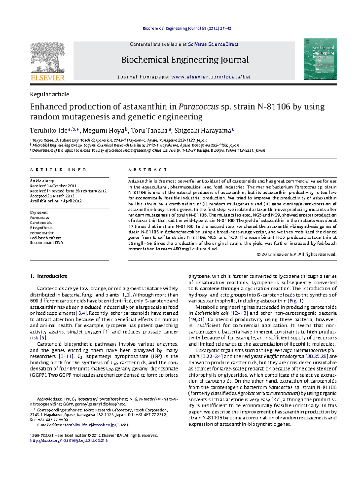 Enhanced Astaxanthin Production in Paracoccus sp. N-81106 via Genetic ...
