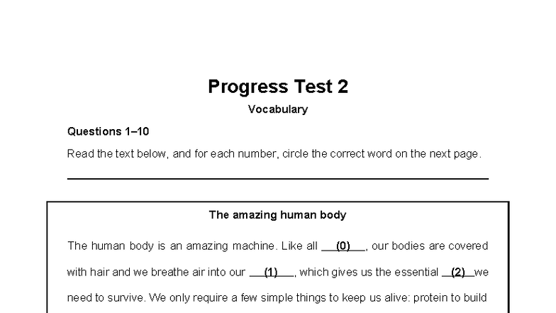 Progress Test 2: Vocabulary & Grammar Questions - Studocu