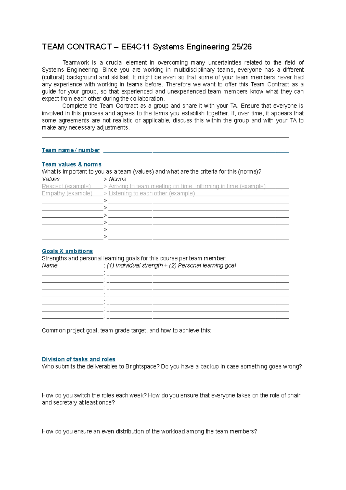 Team Contract Template for EE4C11 Systems Engineering - Studeersnel