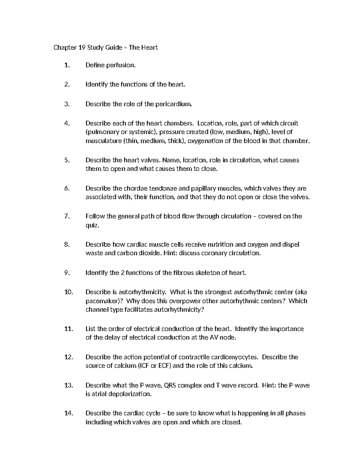 Chapter 19 Study Guide: The Heart - Key Concepts & Functions - Studocu