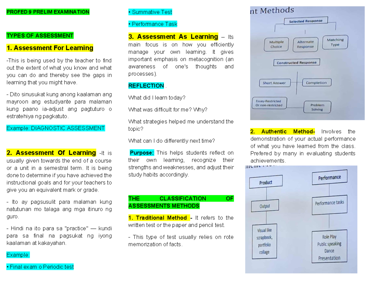 PROFED 9 PRELIM EXAM: Types of Assessment and Measurement Techniques ...