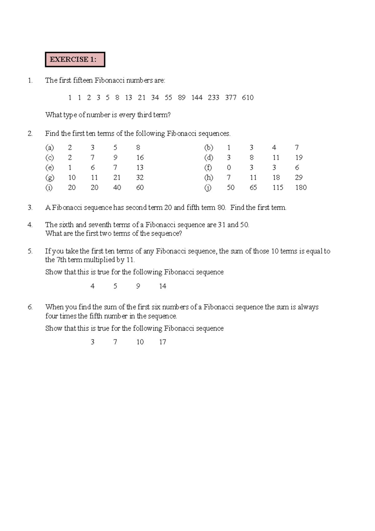 Fibonacci Sequences Exercises Worksheet - MA101 - Studocu