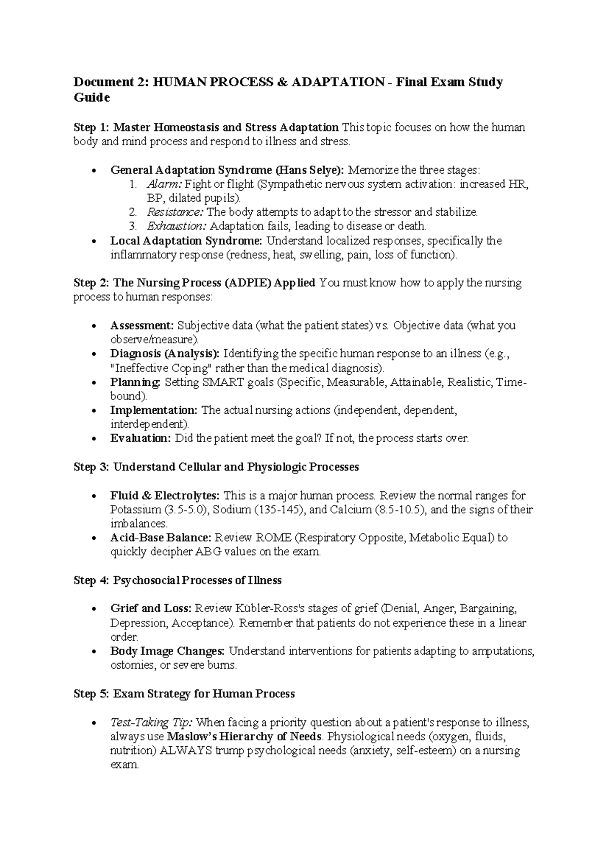 HUMAN PROCESS ADAPTATION Final Exam Study Guide - Studocu