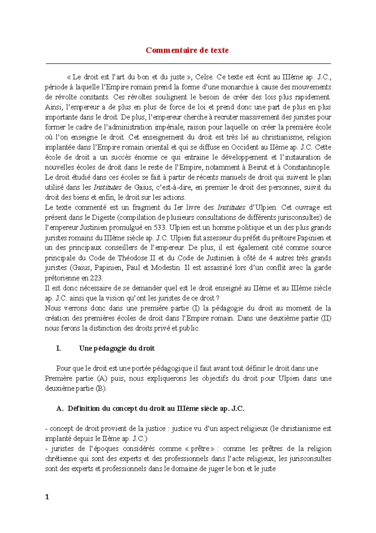 TD 12 - Commentaire sur le Droit selon Ulpien au IIIème Siècle - Studocu
