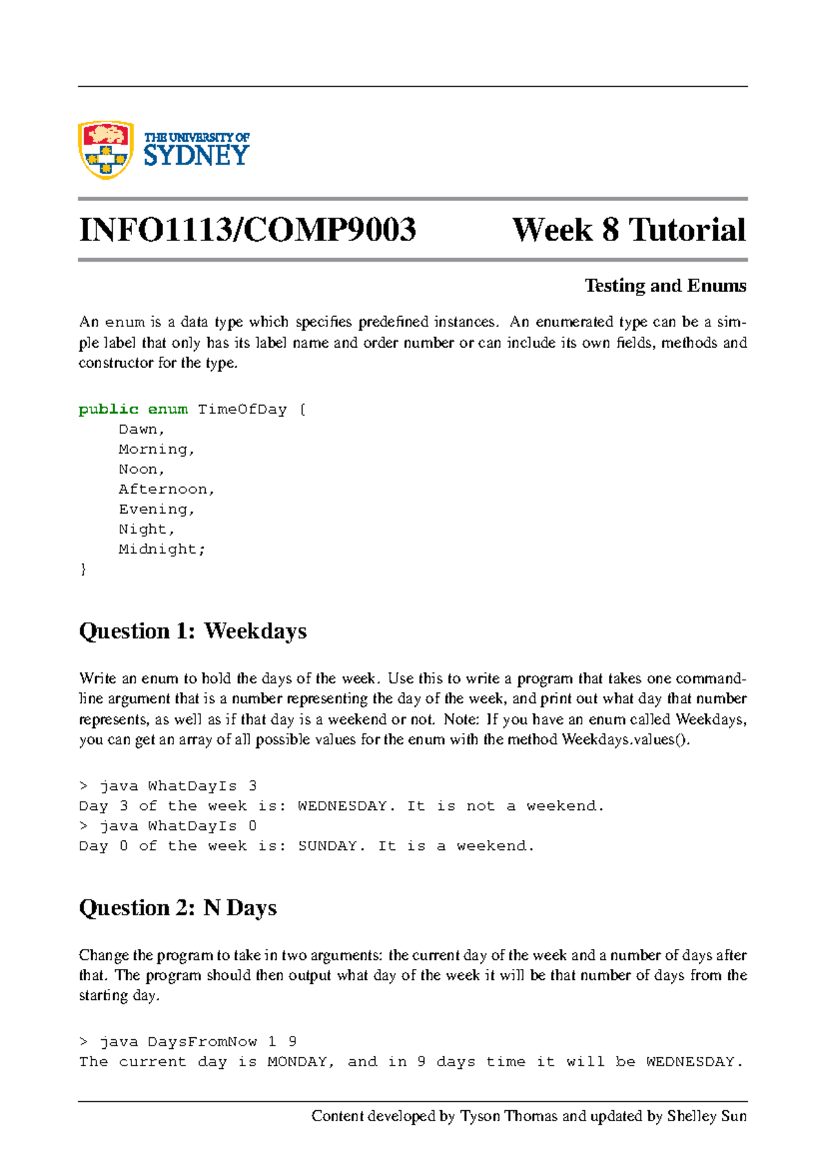 INFO1113/COMP9003 Week 8 Enum & Testing Tutorial Sheet - Studocu