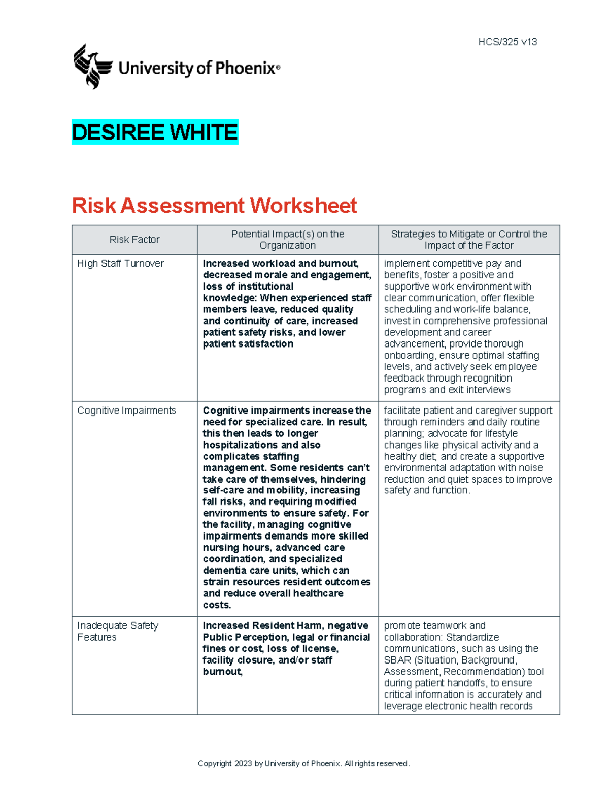 HCS325 v13 Week 5 Risk Assessment Worksheet: Mitigation Strategies ...