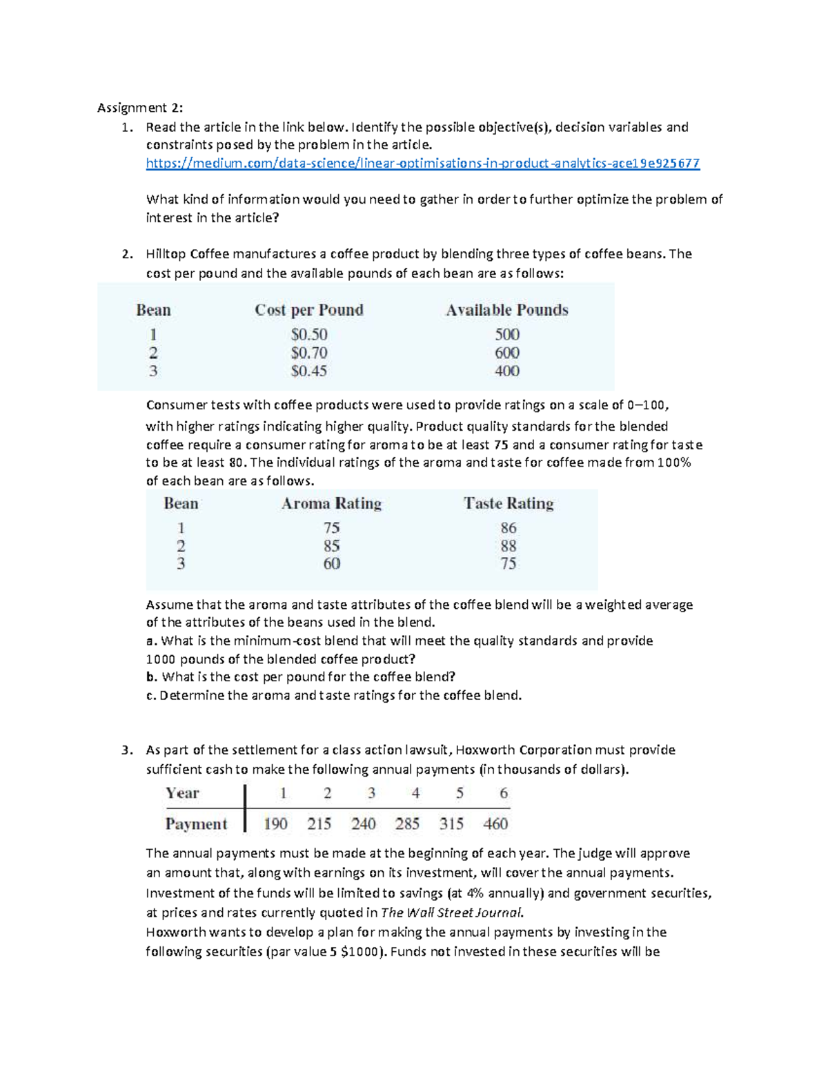 Assignment 2: Optimization of Coffee Blending & Financial Planning - Studocu