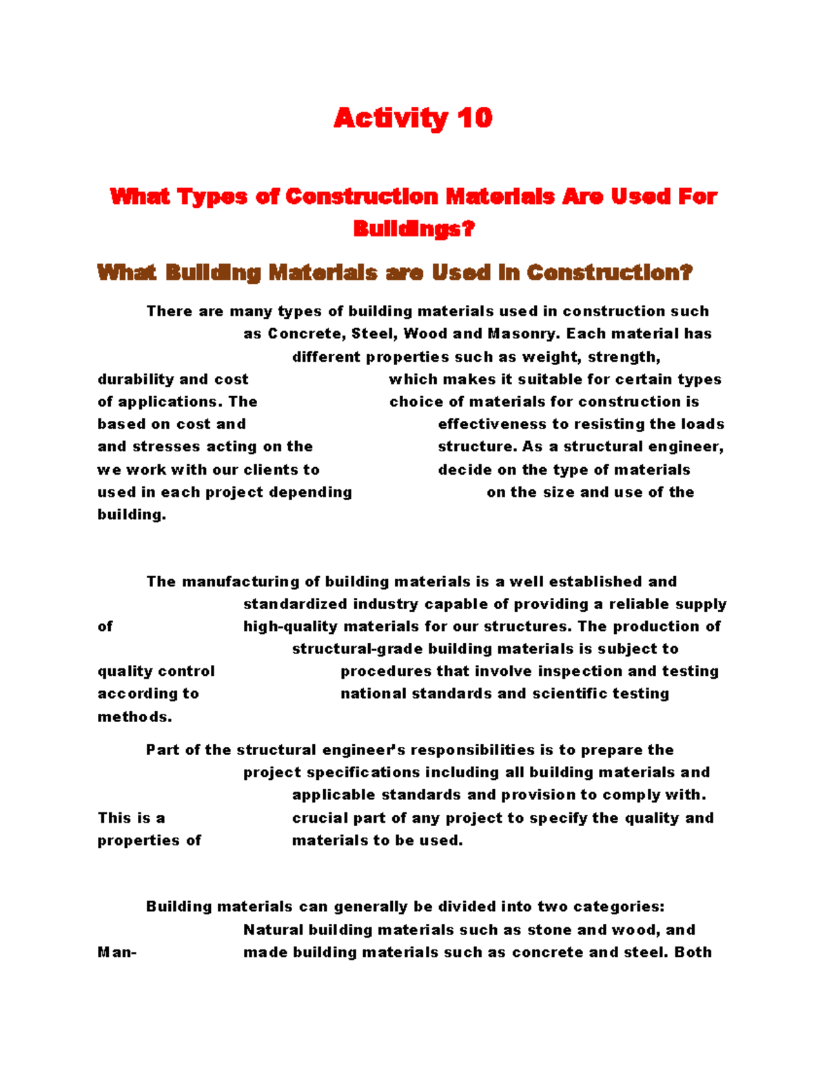 Activity 10: Types of Construction Materials for Buildings - Studocu