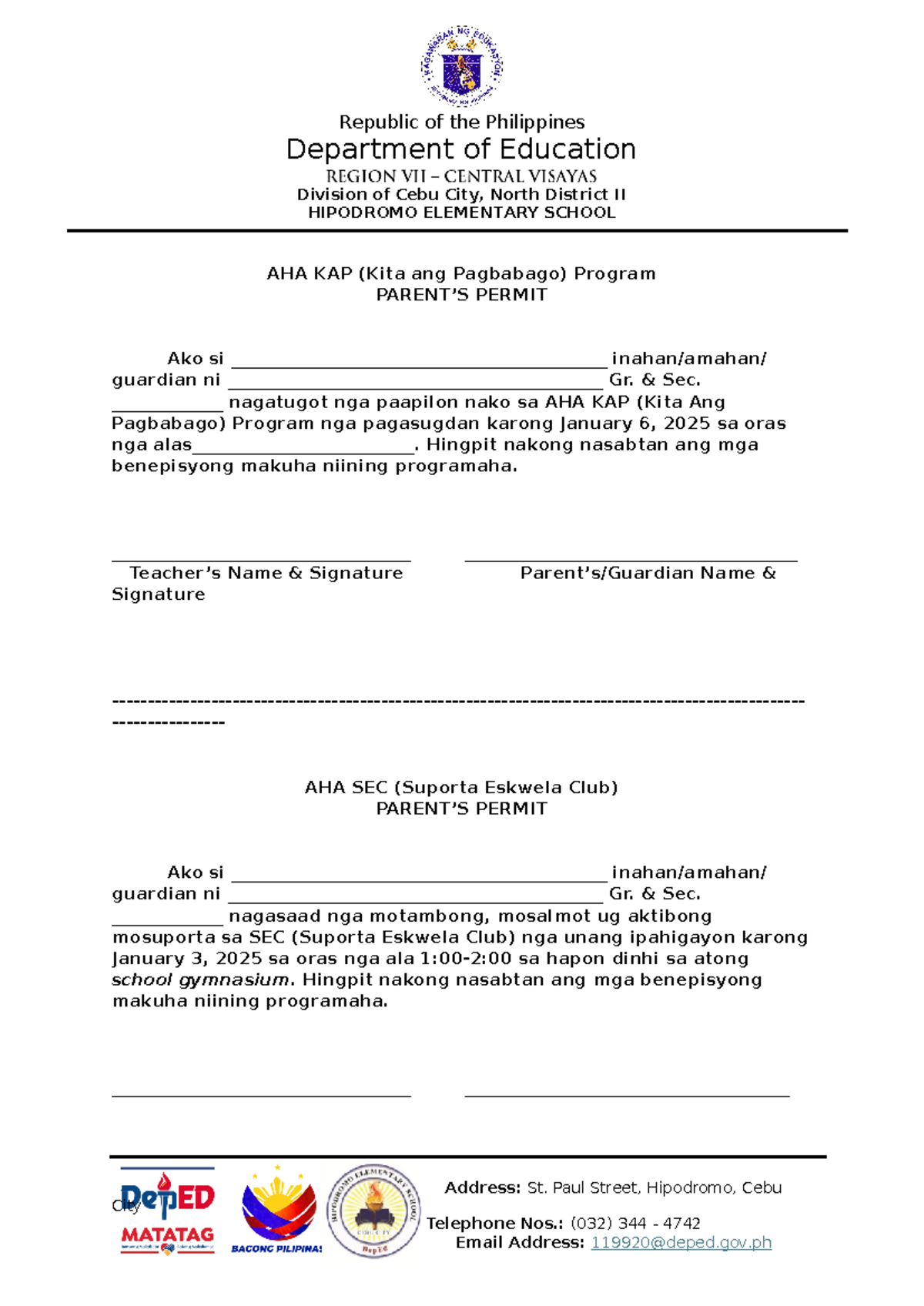 AHA KAP-SEC- Parent'S- Permit - Republic of the Philippines Department ...