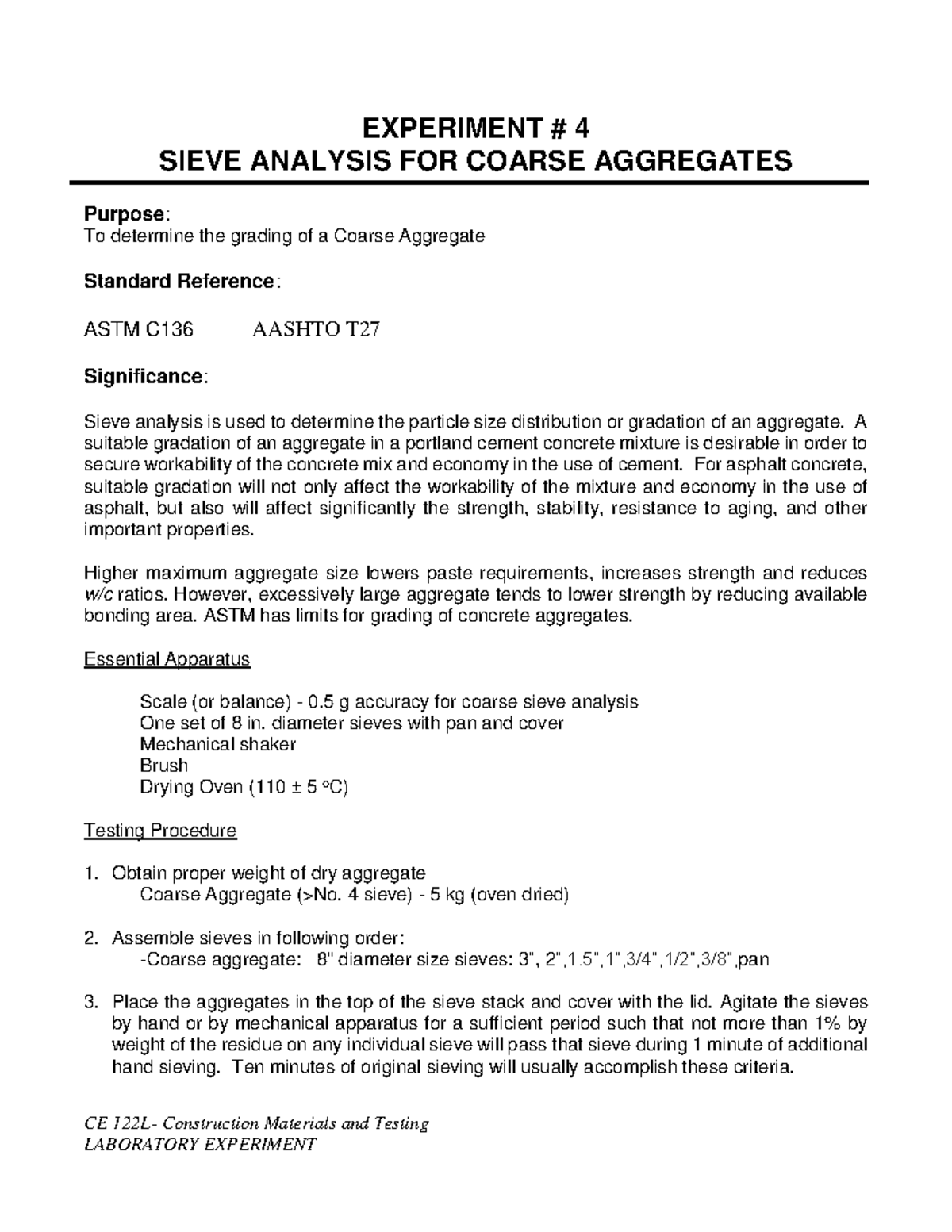CE Construction Materials and Testing: Experiment 4 - Sieve Analysis of ...