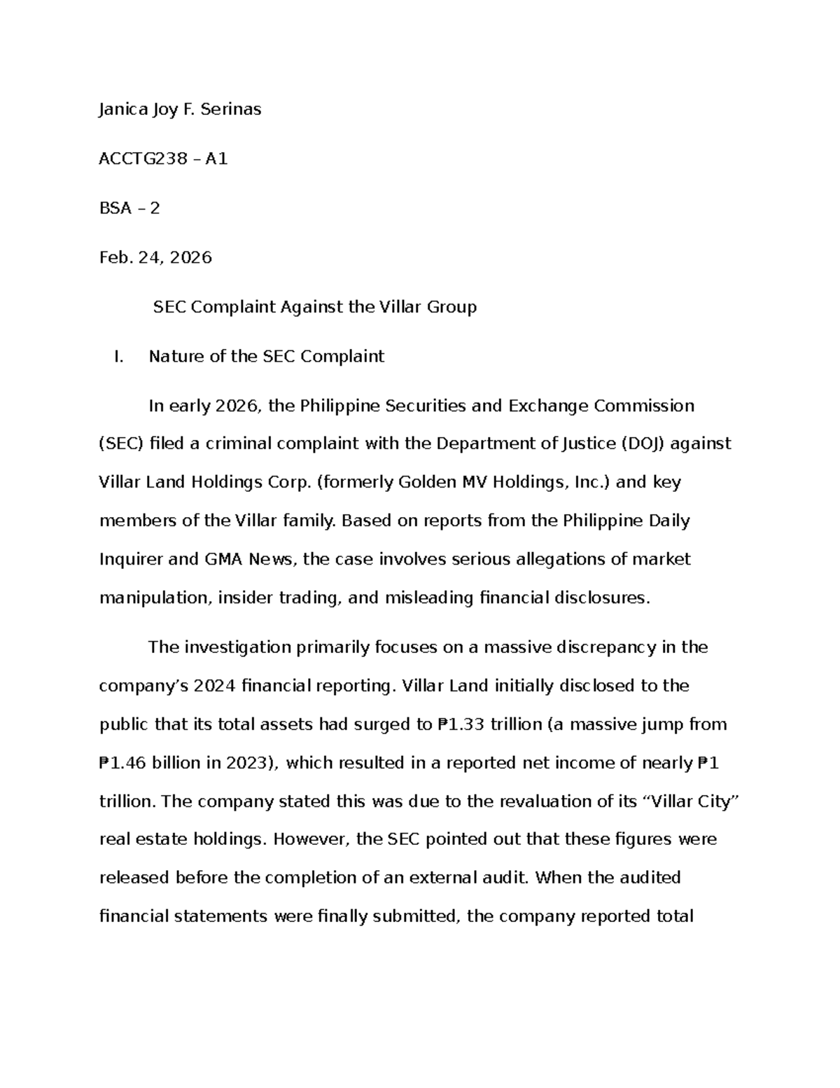 ACCTG238 A1 BSA 2 SEC Complaint Analysis Against Villar Group - Studocu