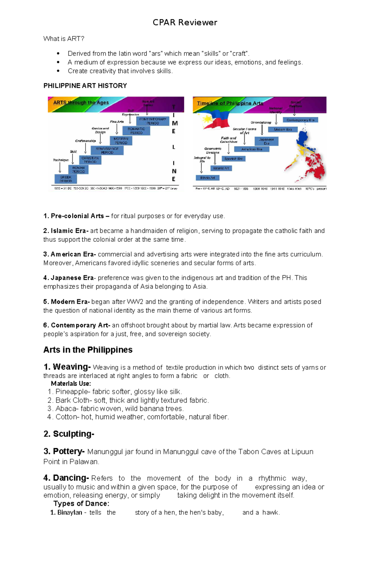 CPAR Reviewer: Overview of Philippine Art History and Techniques - Studocu