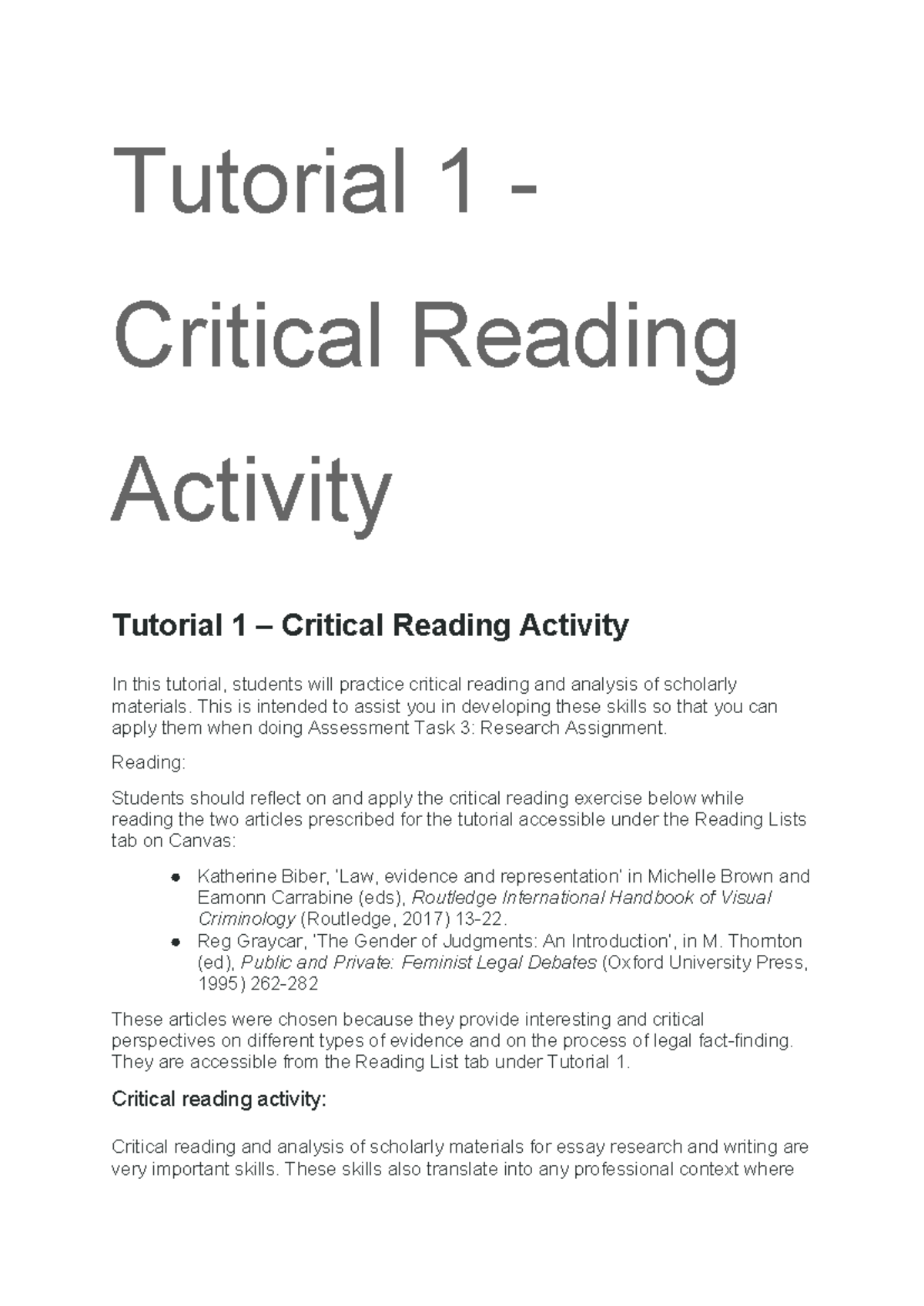 Tutorial 1: Critical Reading Activity & Analysis Notes - Studocu