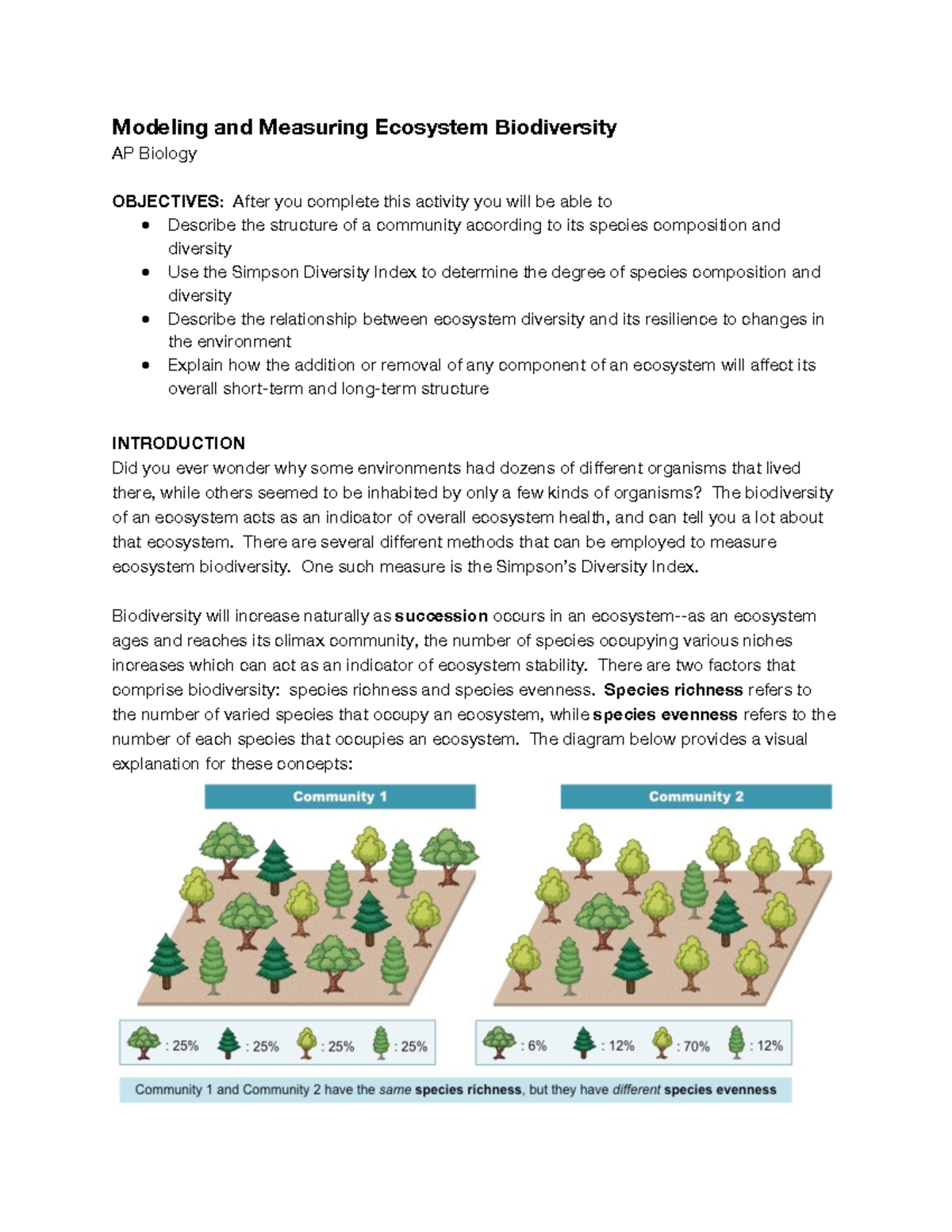 AP Biology: Modeling & Measuring Ecosystem Biodiversity Using SDI - Studocu